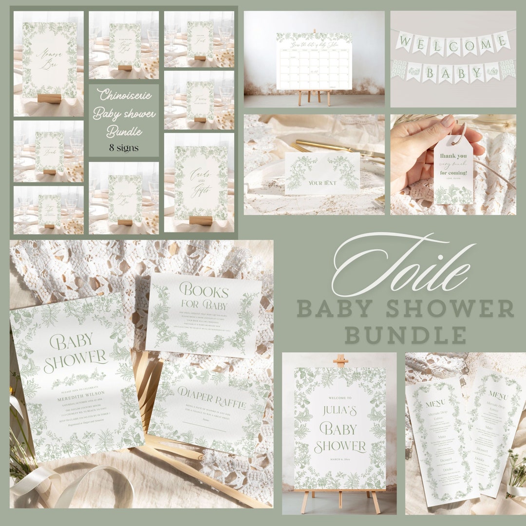 Sage Green Toile Baby Shower Invitation Bundle, French Chinoiserie ...