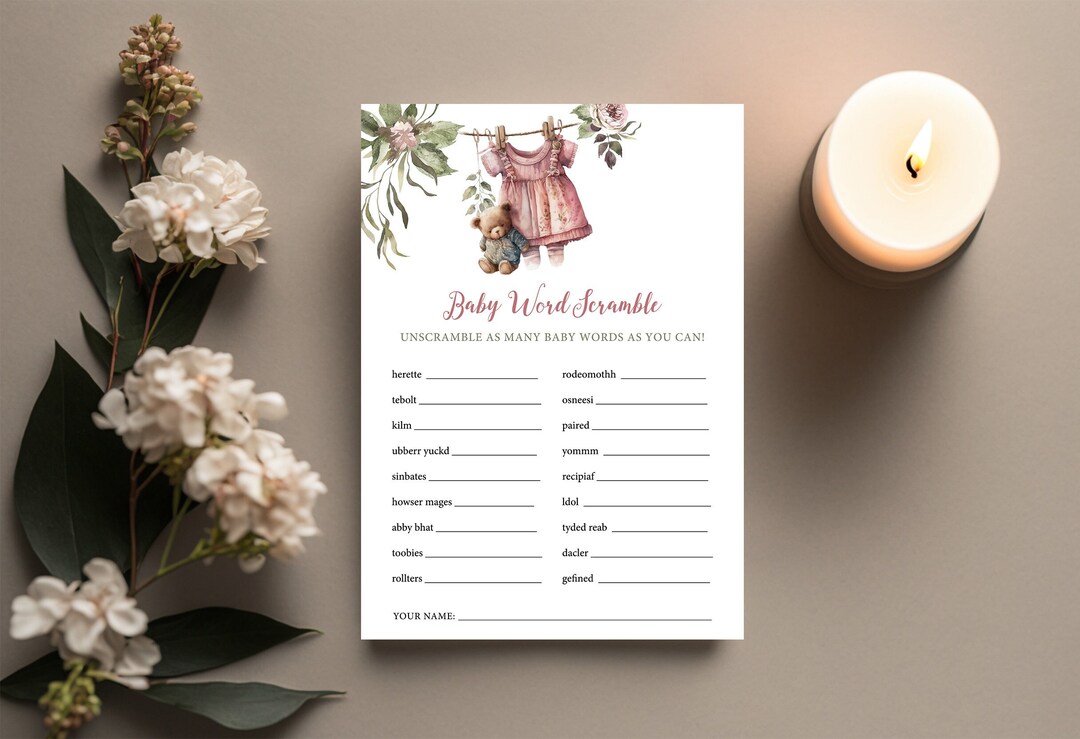 Baby Word Scramble Game Teddy Bear Girl Baby Shower Game, Floral Boho ...