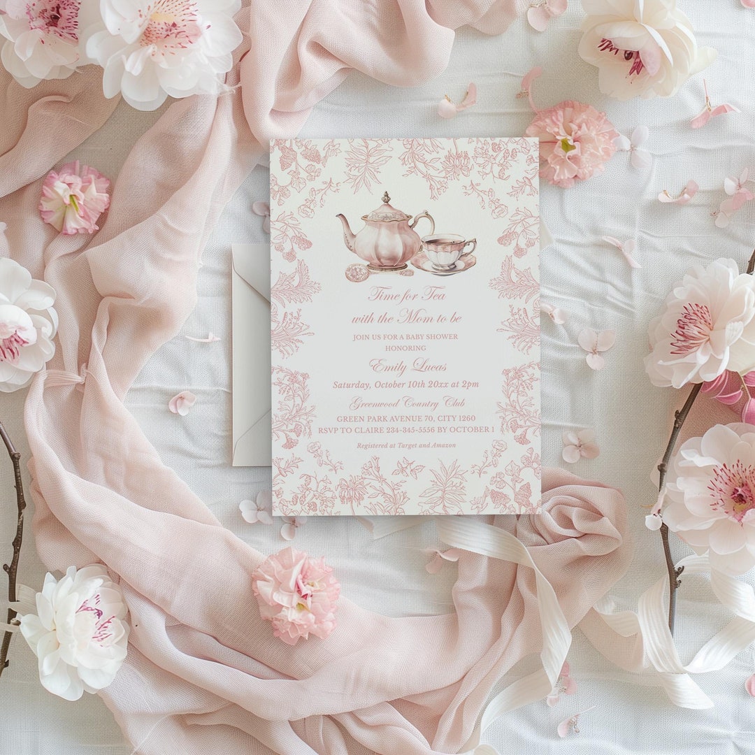 Pink Tea Baby Shower Invitation Girl Toile Tea Party Invite, Regency ...