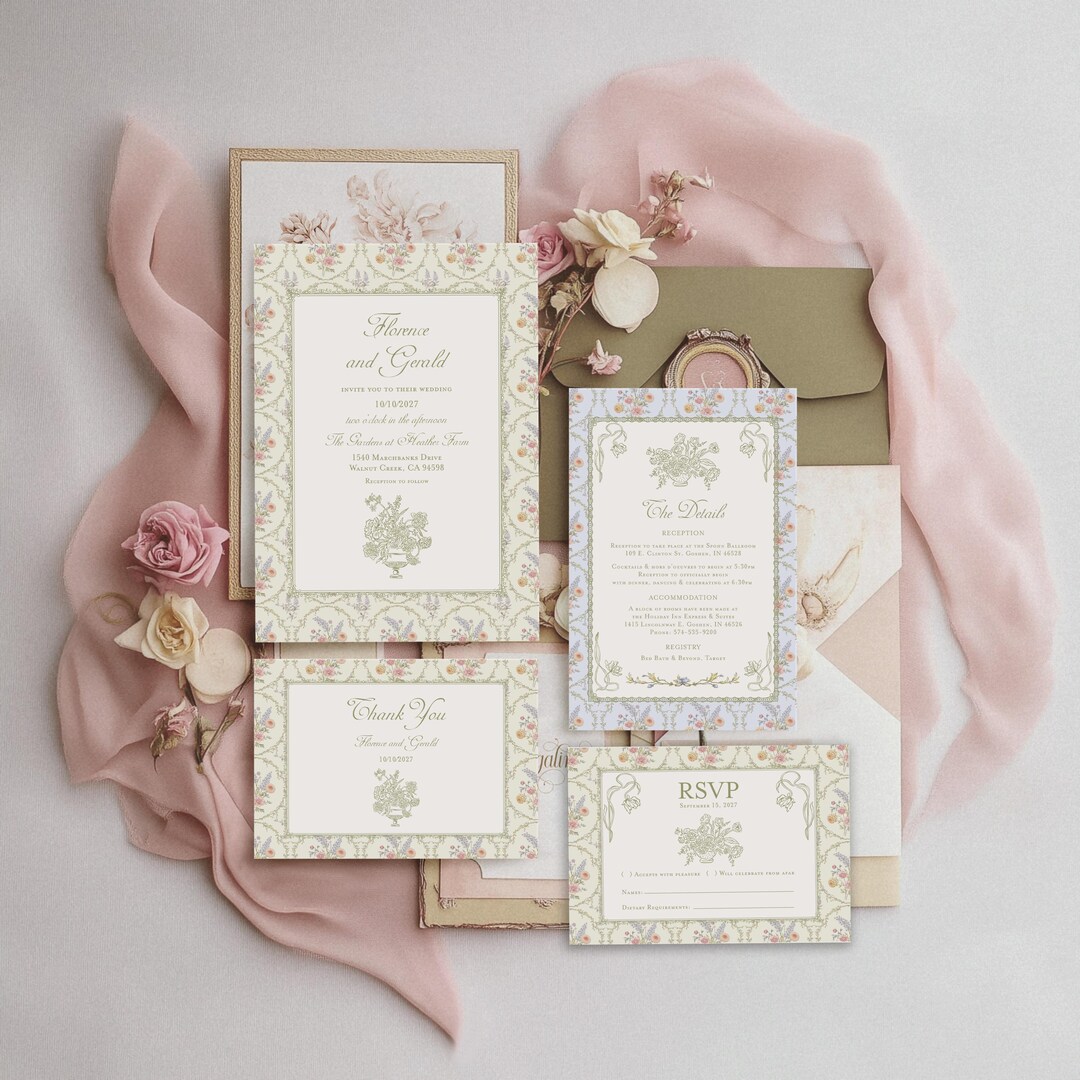 Vintage Floral Wedding Invitation Suite Pastel Wildflower Spring Summer ...