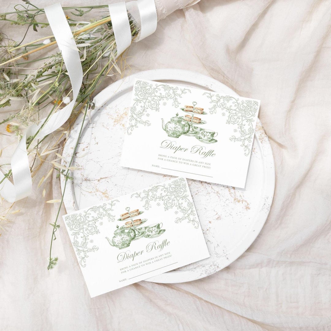 Tea Party Diaper Raffle Ticket Sage Green Baby Shower Tea Party Game ...