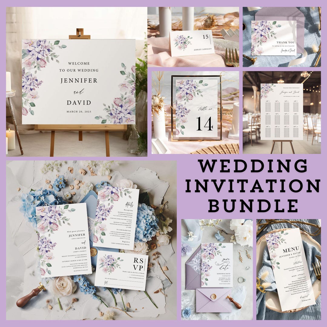 Purple Hydrangea Wedding Invitation Bundle Pink Purple Floral Wedding ...