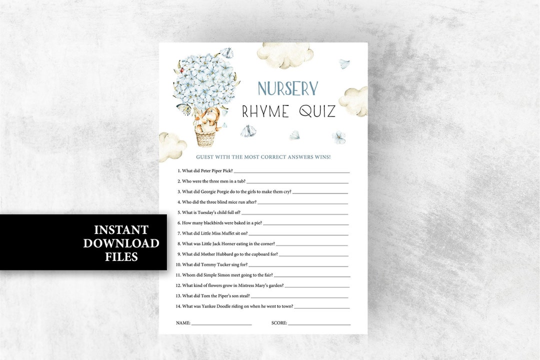 Nursery Rhyme Quiz Bunny Baby Shower Game Printable, Spring Blue Floral ...