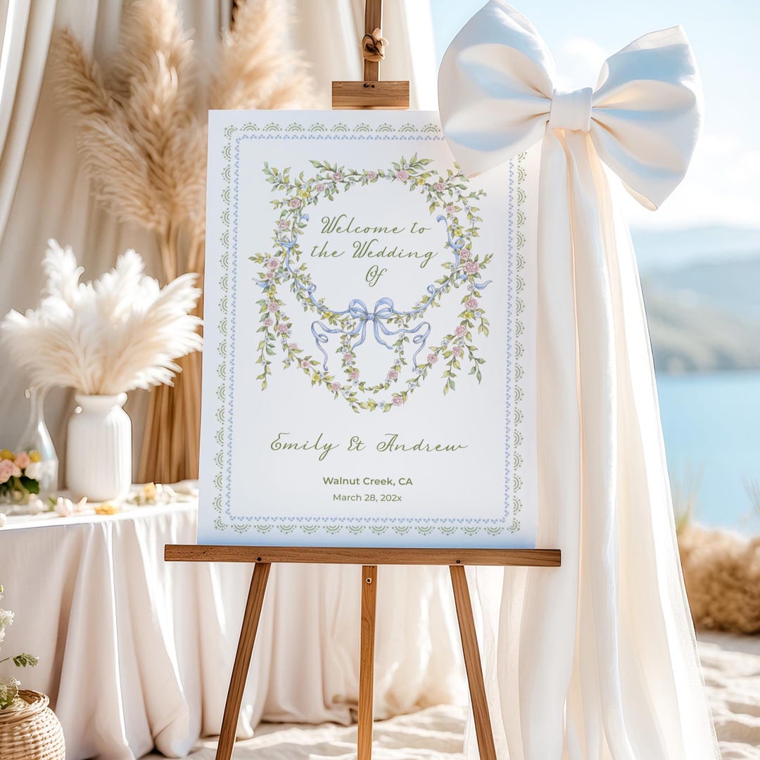 Bow Floral Wedding Welcome Sign, Green Blue Vintage Wildflower Decor ...