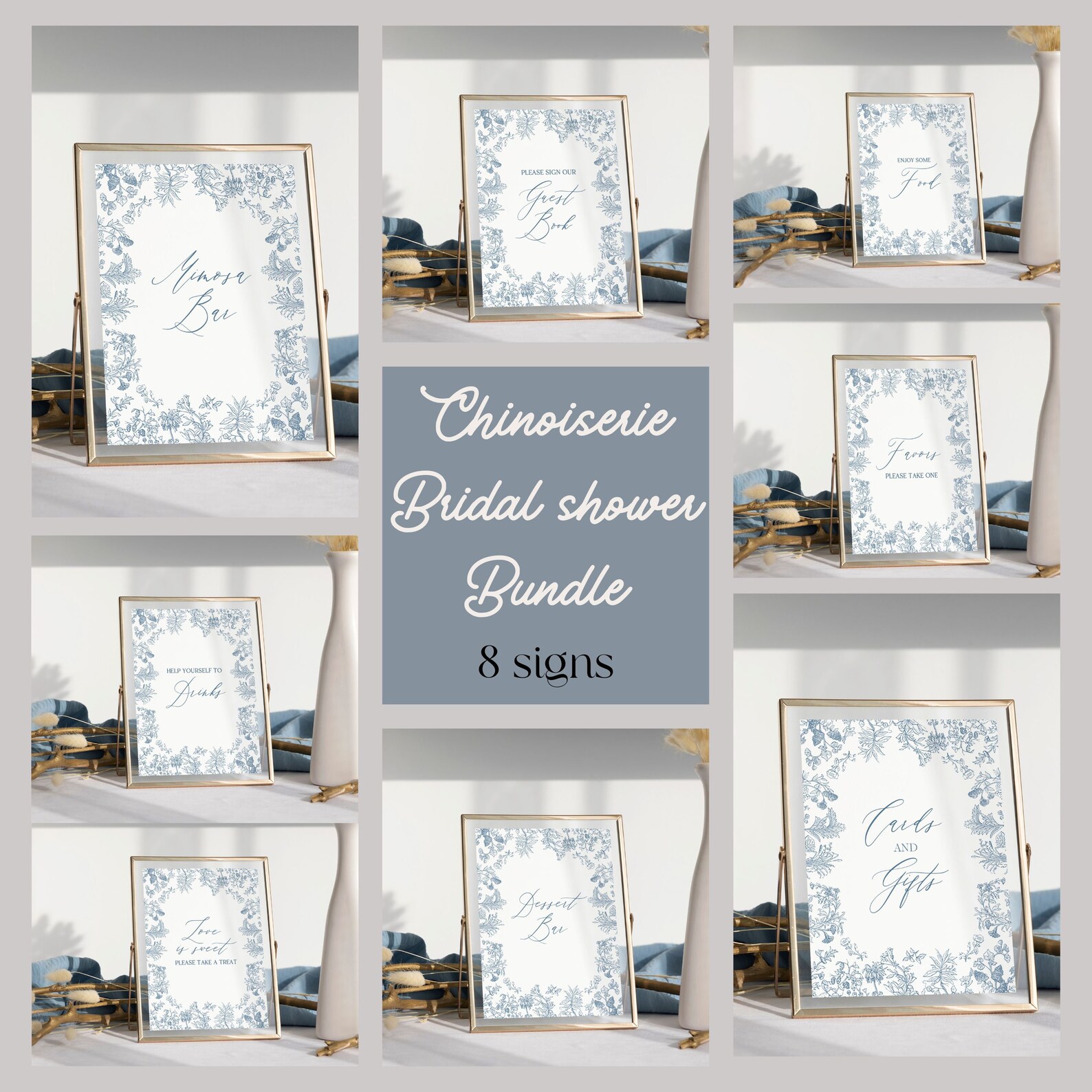 Dusty Blue Toile Bridal Shower Signs, Chinoiserie Wedding Decor ...