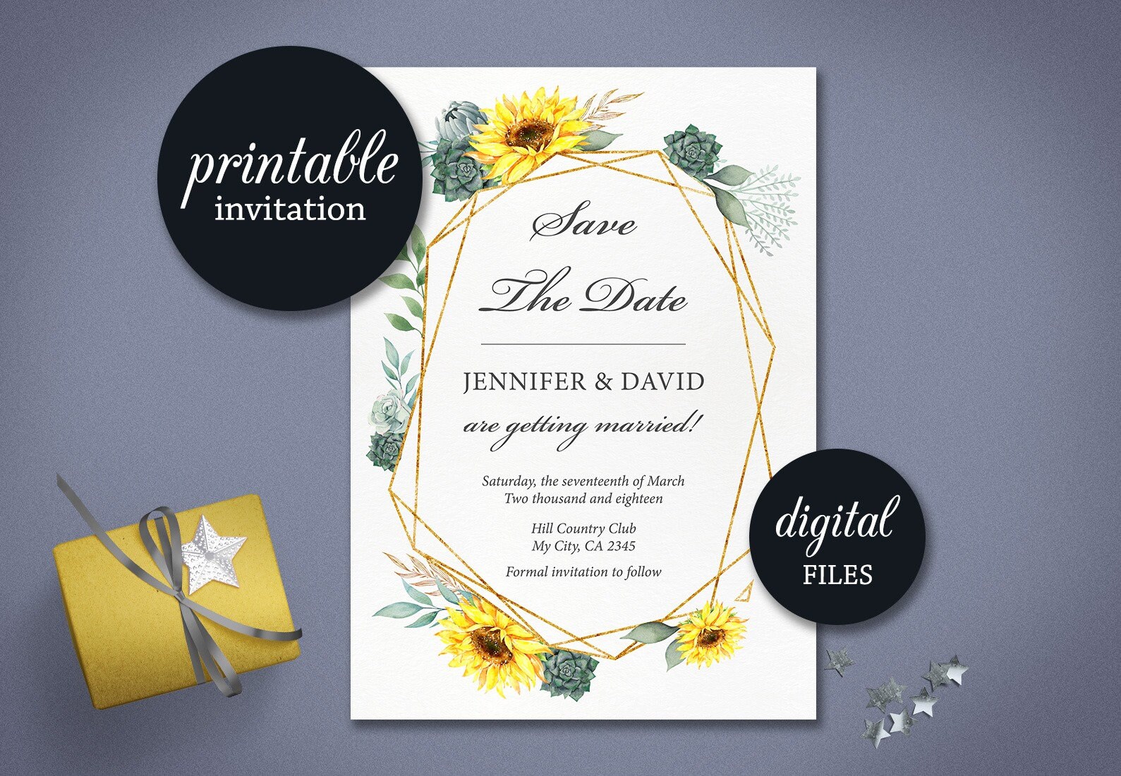 Sunflower Wedding Invitation Autumn Wedding Invite Geometric | Etsy