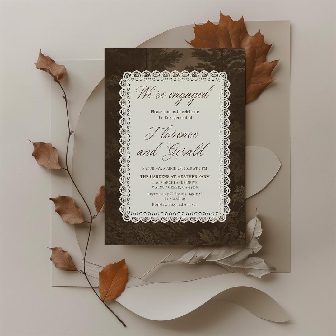 Moody Forest Engagement Party Invitation, Mocha Brown Rustic Romantic ...