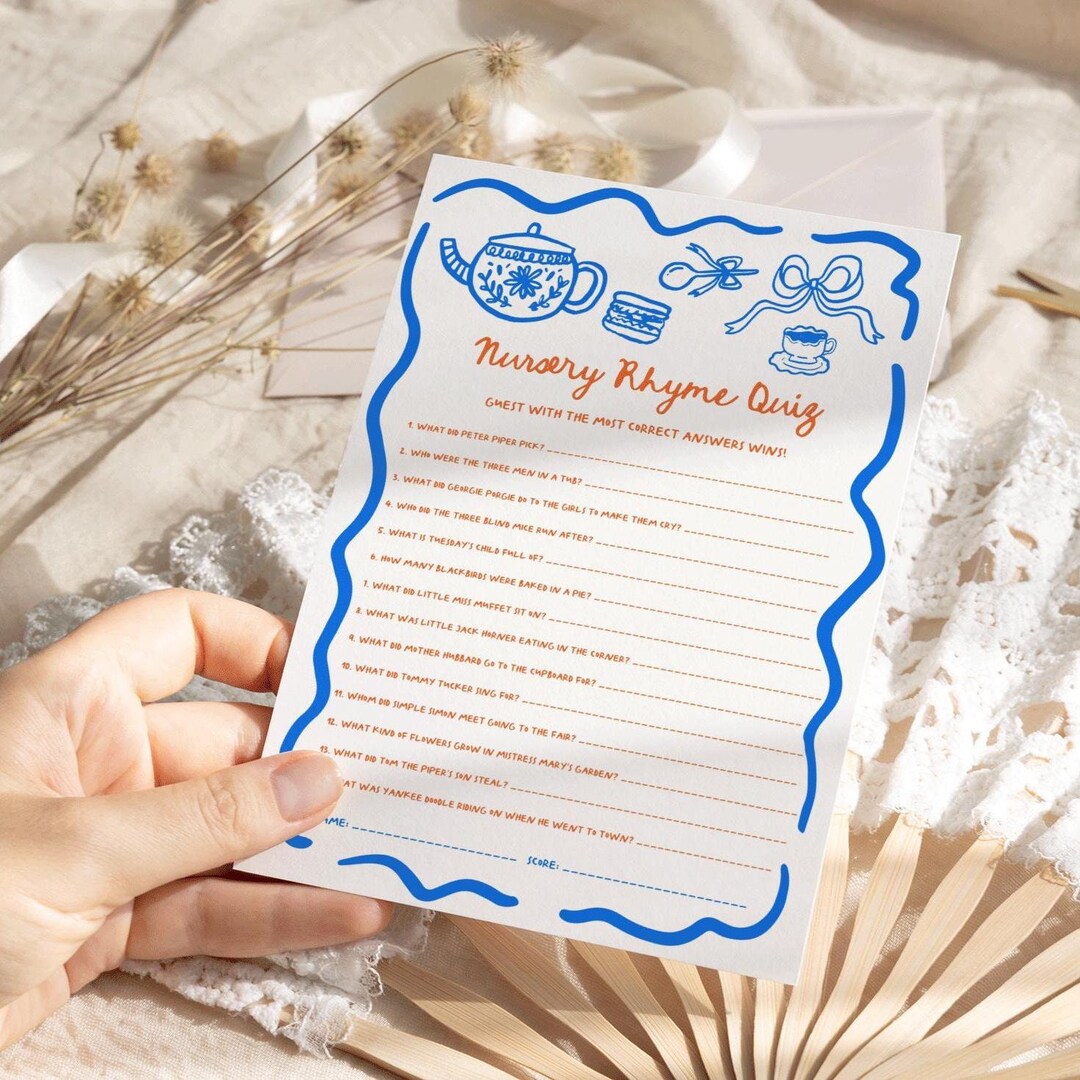 Editable Nursery Rhyme Quiz Boy Tea Party Baby Shower Game Hand Drawn ...