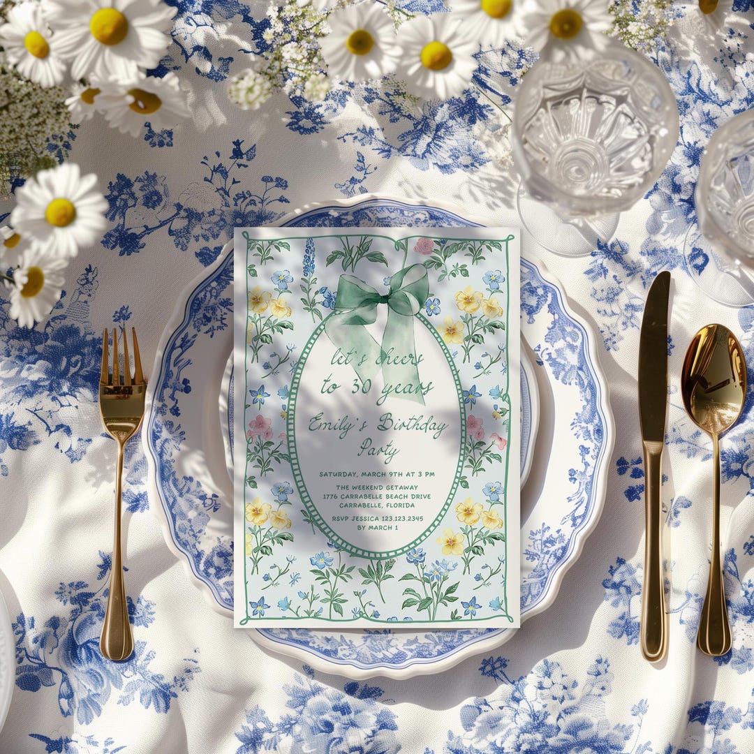 Floral Garden Party Invitation Women Birthday Invite, Pastel Blue Pink ...