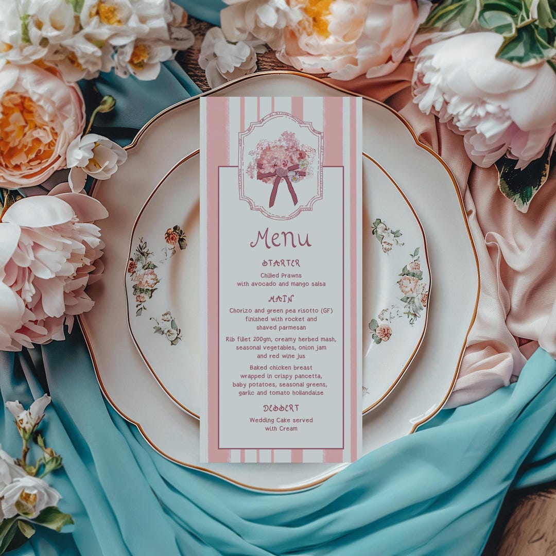 Pink Floral Menu Card: Striped Wildflower Dinner Party Decor ...
