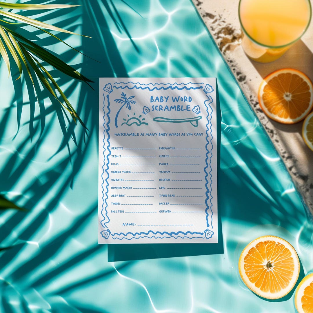 Beach Baby Shower Word Scramble Game: Surf Baby on Board Theme, Blue ...