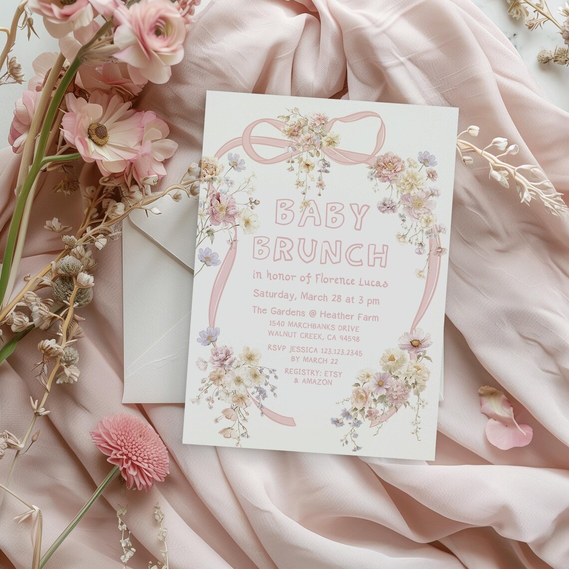 Spring Coquette Baby Shower Invitation Editable, Pink Bow Floral ...