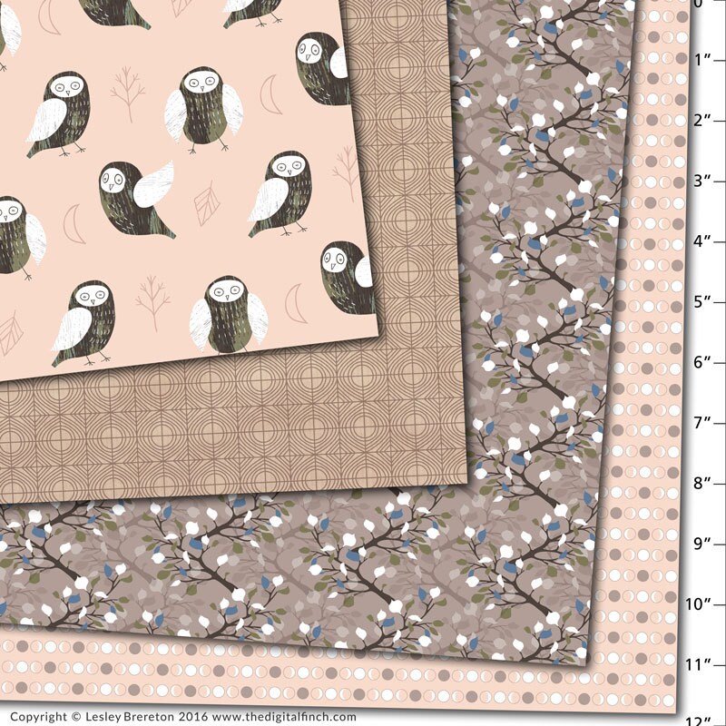 Woodland Owls Digital Paper Owl Trees Leaves Woodgrain Kraft Paper Make ...