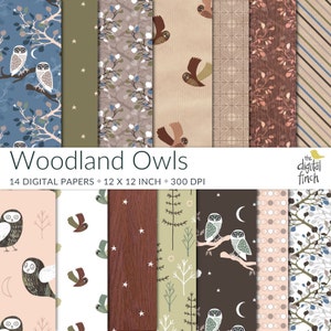 Woodland Owls Digital Paper Owl Trees Leaves Woodgrain Kraft - Etsy