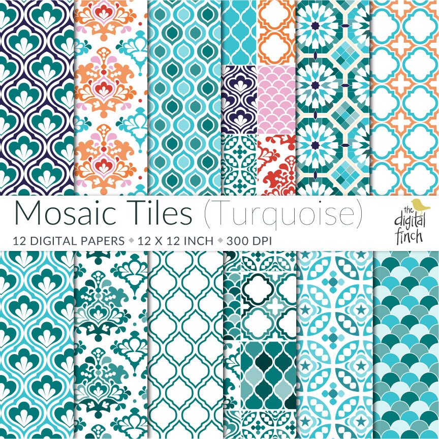 Mosaic Tile Digital Papers in Turquoise Moroccan Persian Scrapbooking ...