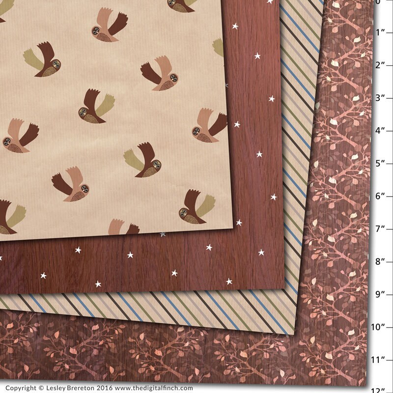 Woodland Owls Digital Paper Owl Trees Leaves Woodgrain Kraft Paper Make ...