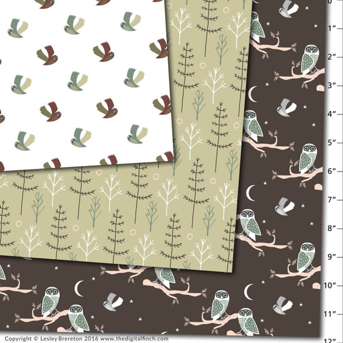Woodland Owls Digital Paper Owl Trees Leaves Woodgrain Kraft Paper Make ...