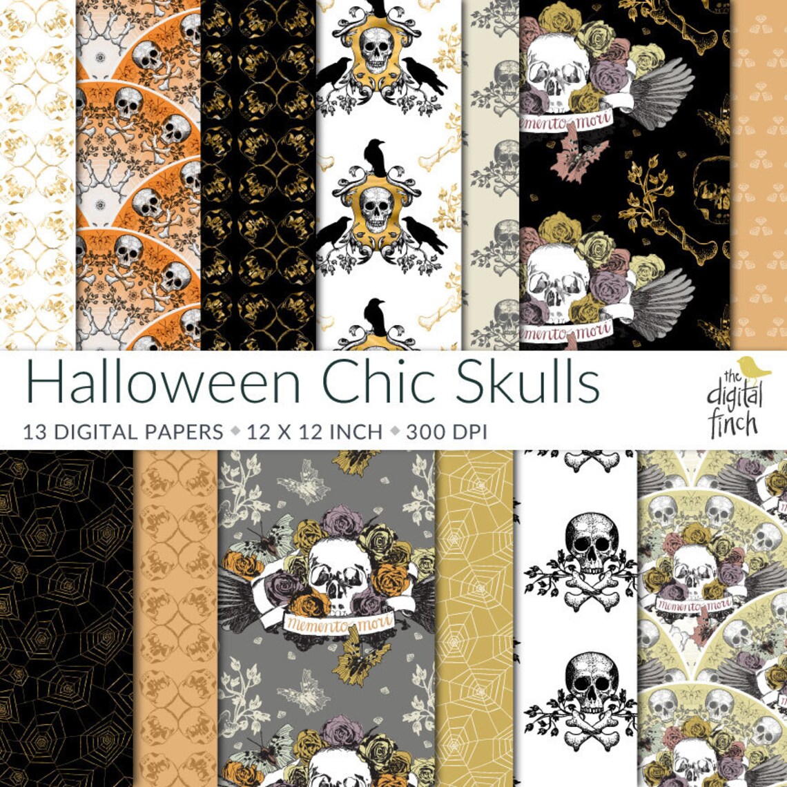 Halloween Chic Skulls Digital Papers Day of the Dead Scrapbooking Paper ...