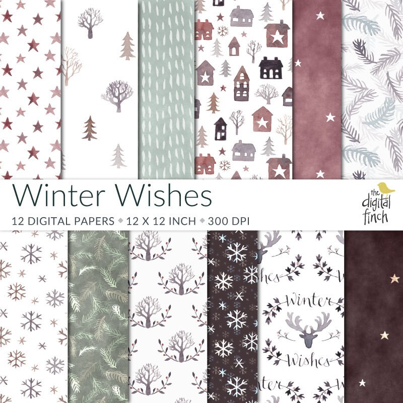 Christmas Digital Papers Winter Wishes watercolor | Etsy
