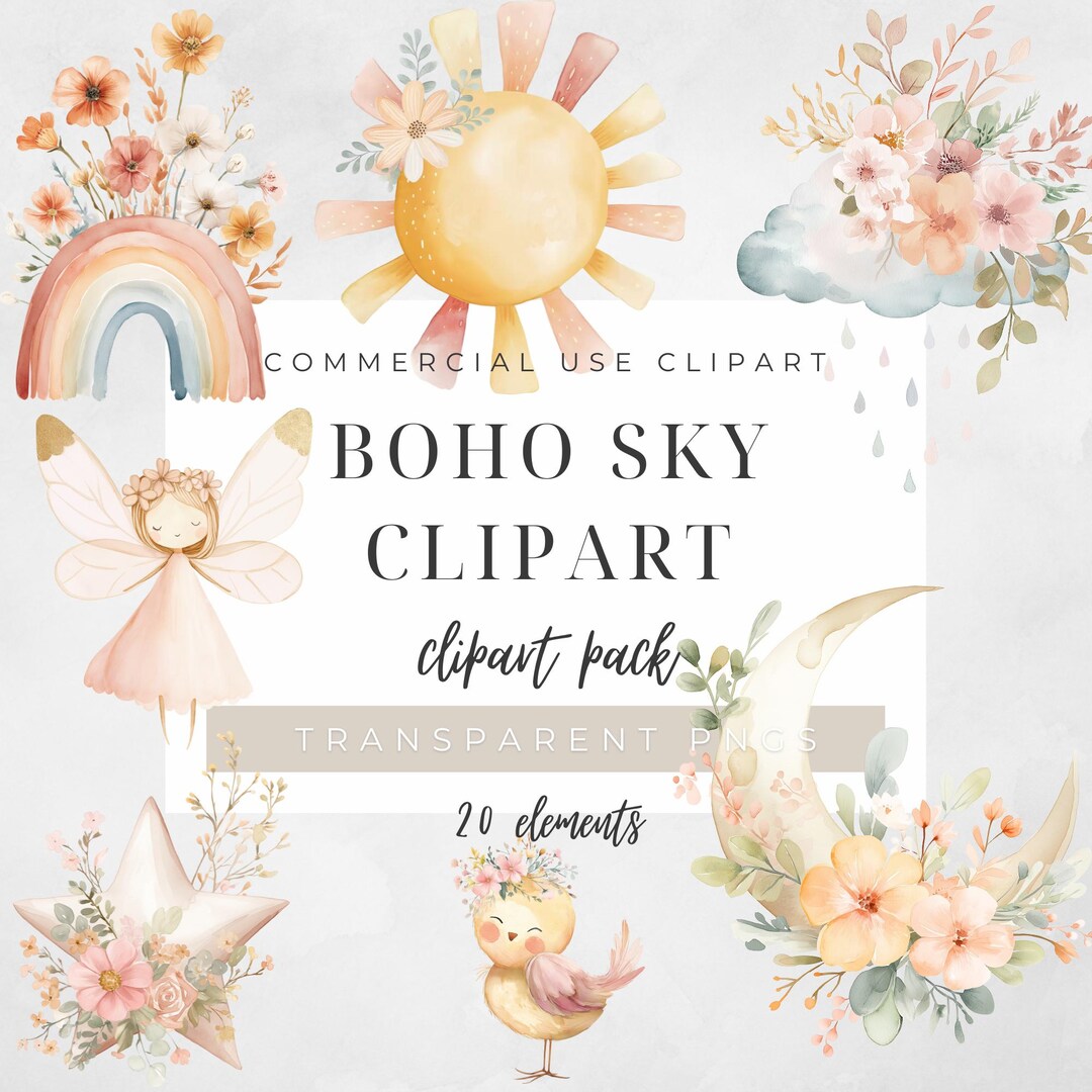 Boho Sky Clipart, Digital Download, Watercolor Moon Stars Rainbow PNG ...
