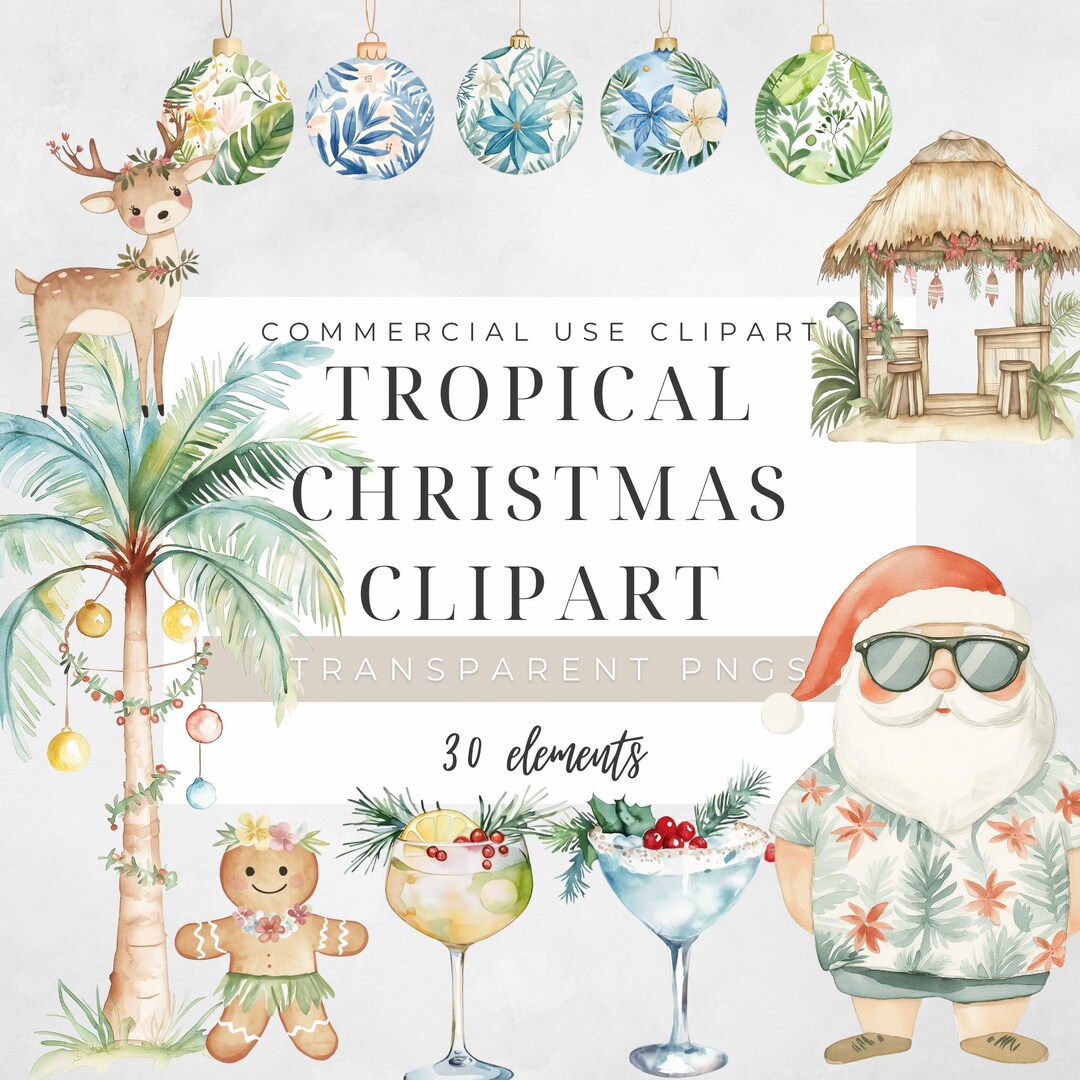 Watercolor Tropical Christmas Clipart: Coastal Holiday PNG (digital ...