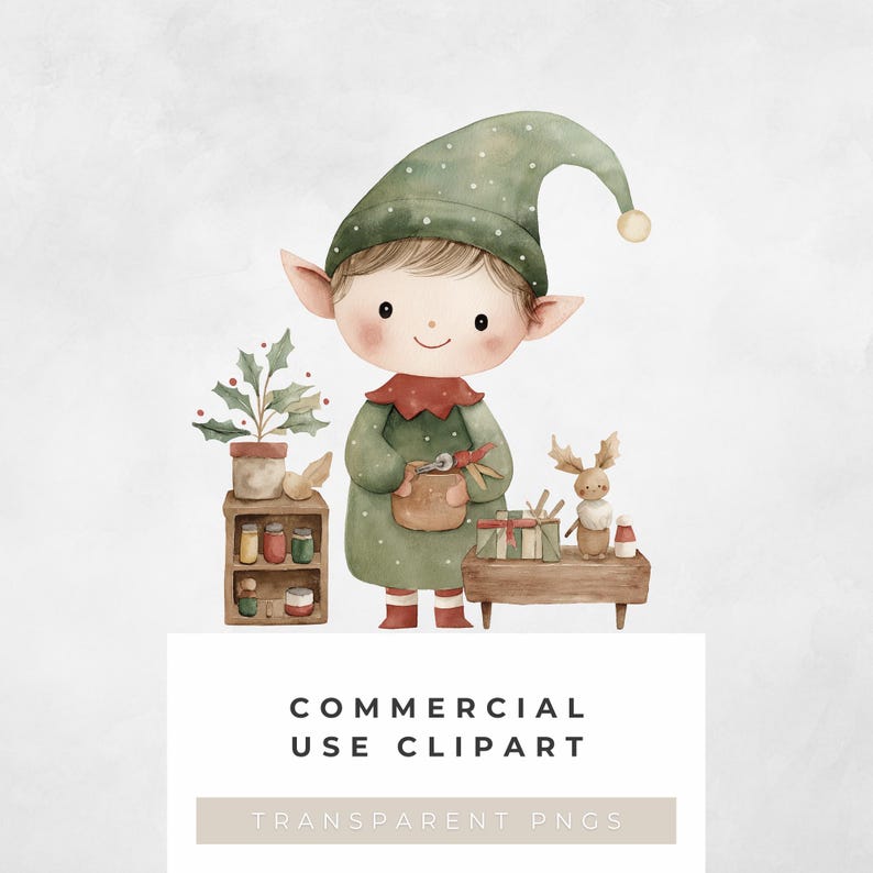 Christmas Elves Workshop Clipart: Watercolor PNG Illustrations (digital ...