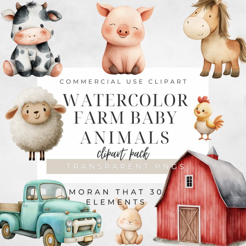Watercolor Farm Animals Clipart Set: Cow, Pig, Horse, Chicken (digital ...