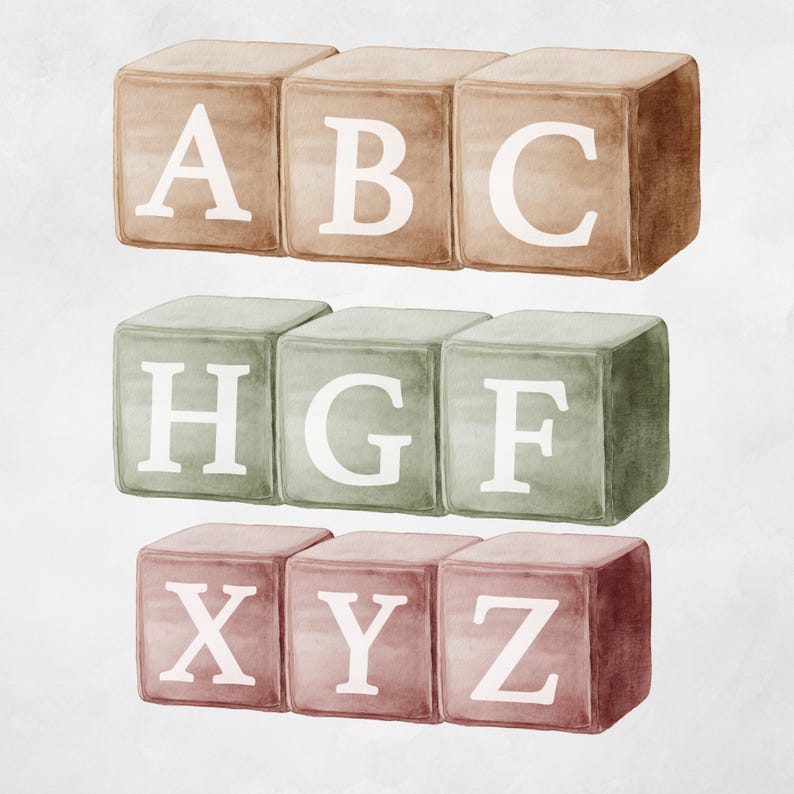 Watercolor Baby Blocks Clipart: Vintage Toy Alphabet & Numbers (digital ...