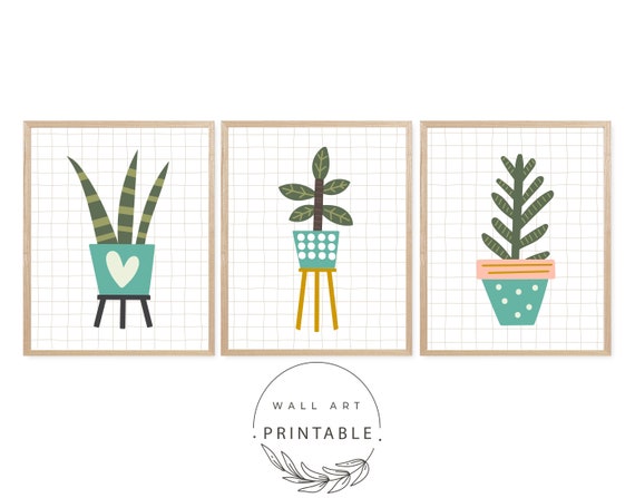 Printable Potted Plants Wall Art Set of 3, Digital Download Art Prints ...