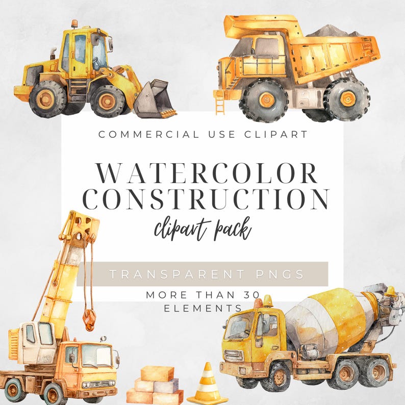 Watercolor Construction Trucks Clipart: Mixer Dump Truck Excavator ...