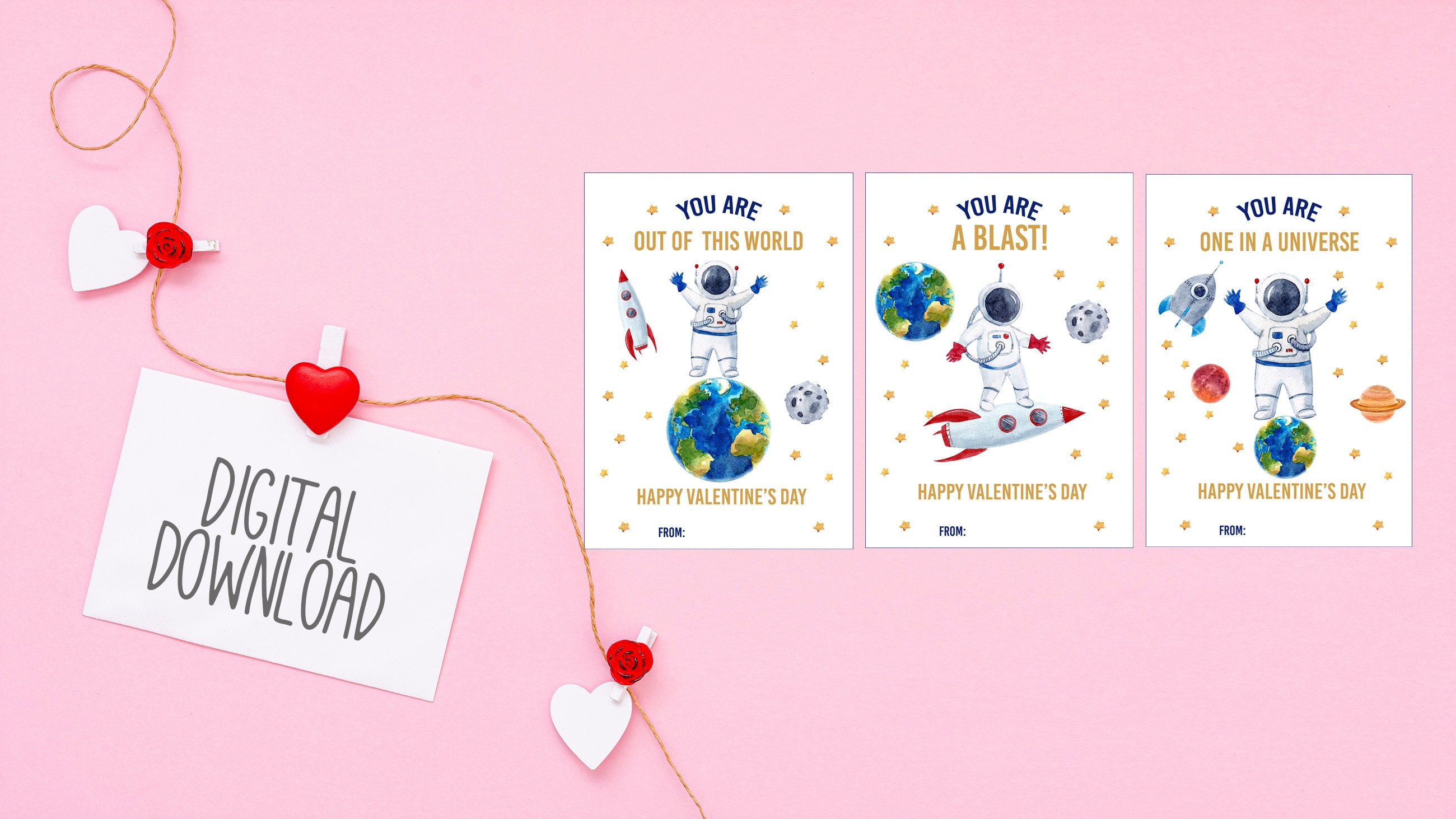 Outer Space Valentines Day Cards for Kids, Digital Download, Printable ...