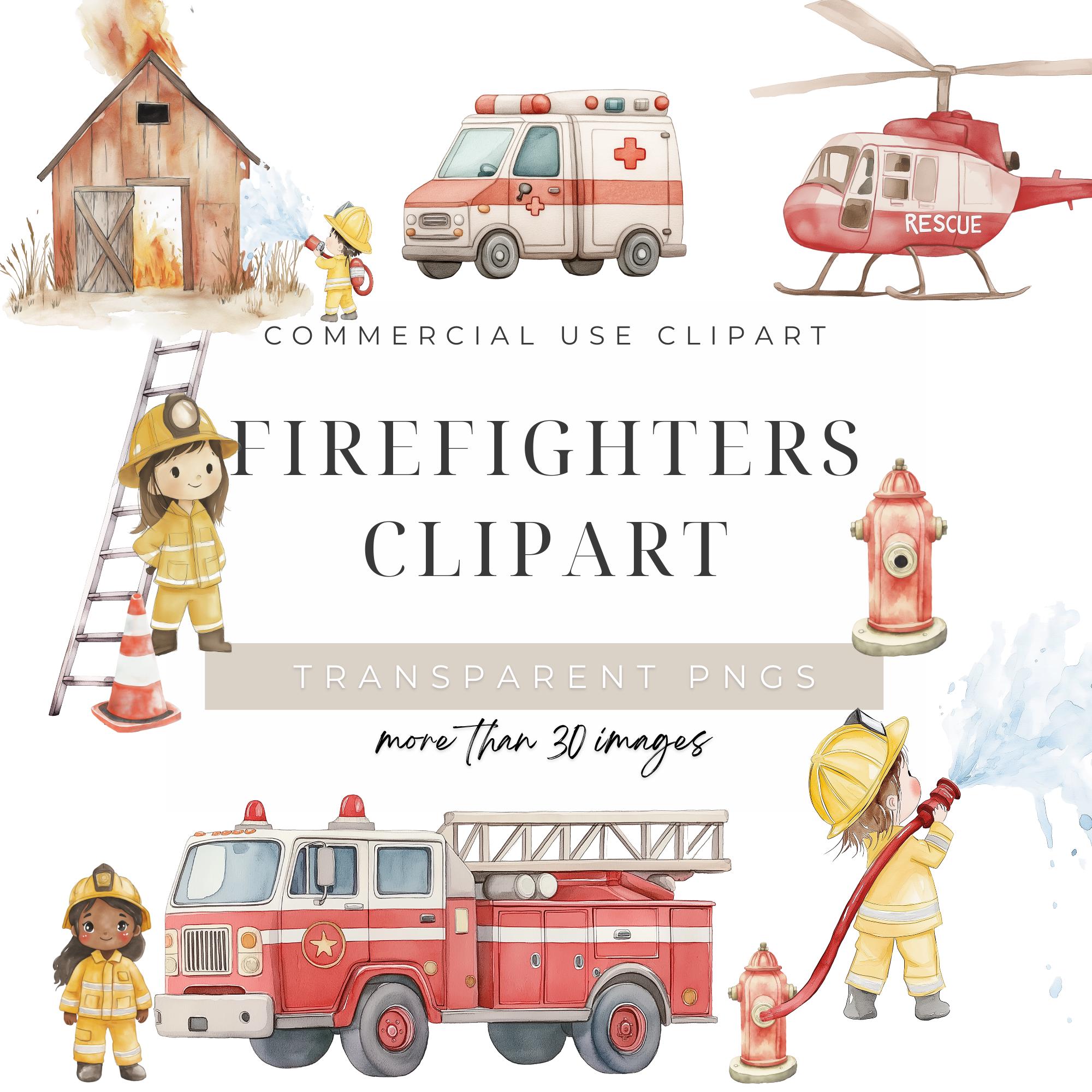 Watercolor Firefighter Clipart, Fire Truck, Station, Fireman, Firewoman ...