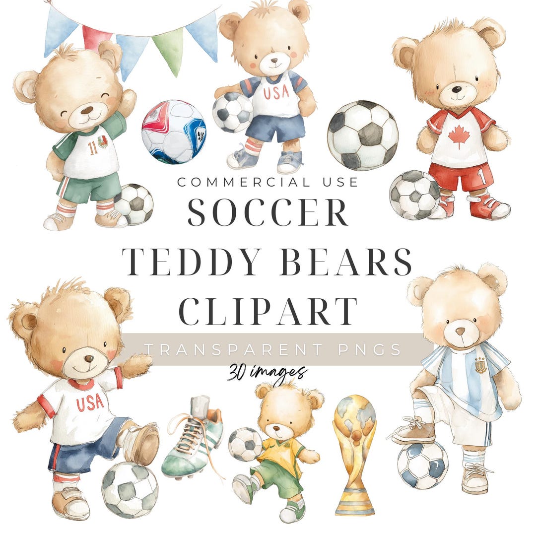 Soccer Clipart, Watercolor Teddy Bears PNG, Digital Download ...