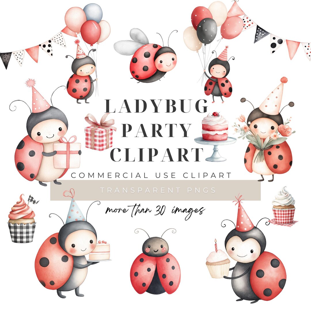 Ladybug Clipart, Watercolor Birthday Party PNG Graphics, Digital ...