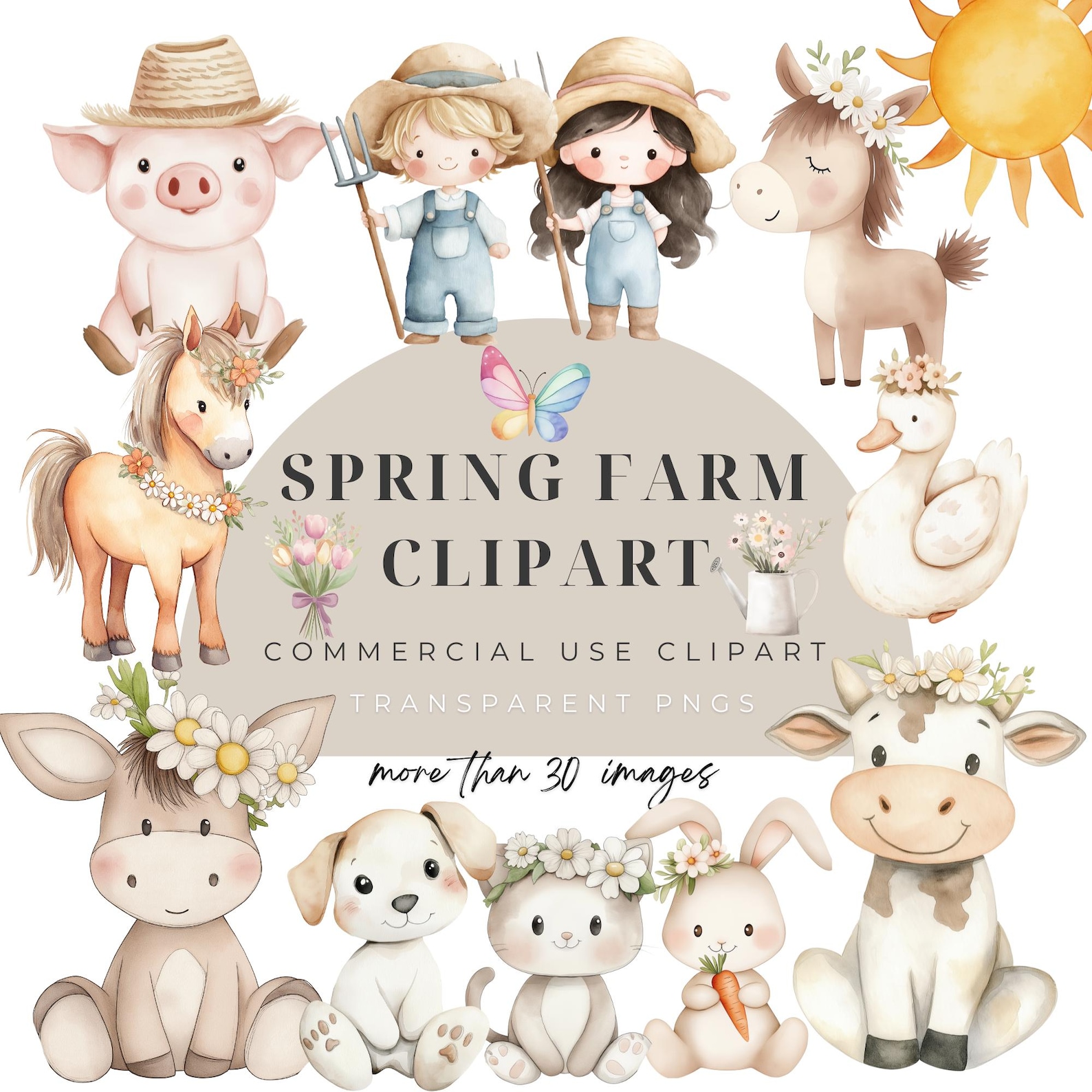 Spring Farm Animals Clipart Set, Birthday Baby Shower PNG Illustrations ...