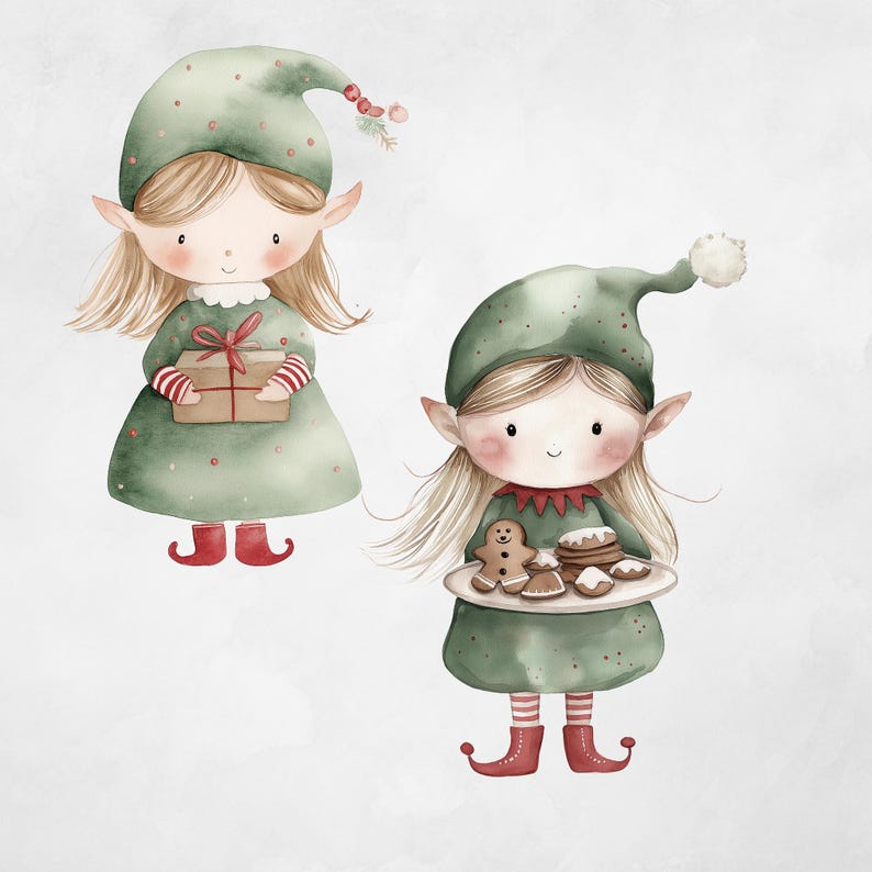 Christmas Elves Workshop Clipart: Watercolor PNG Illustrations (digital ...