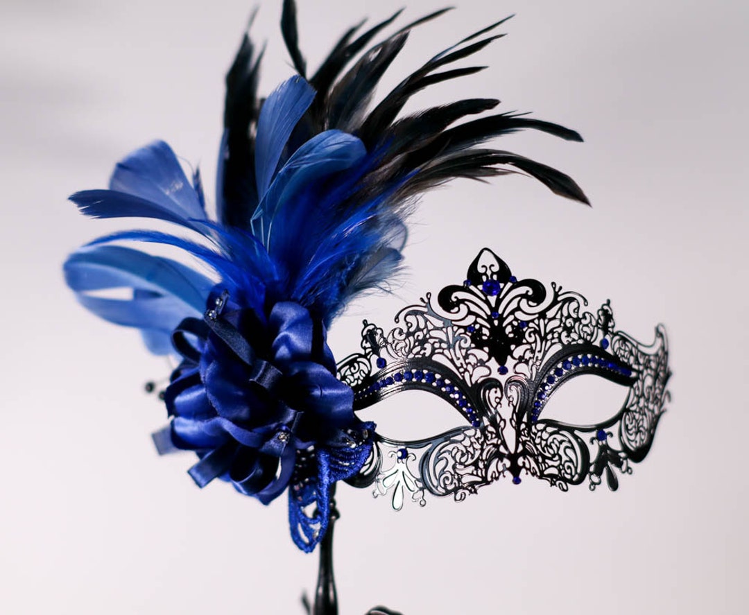 Masquerade Mask With a Stick and Feathers, Laser Cut Metal Mask Black ...