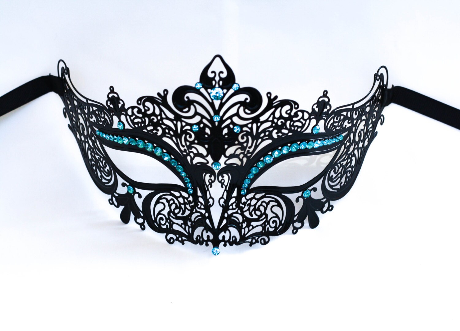 Black Laser Cut Metal Masquerade Mask With Light Blue Gems Fit - Etsy