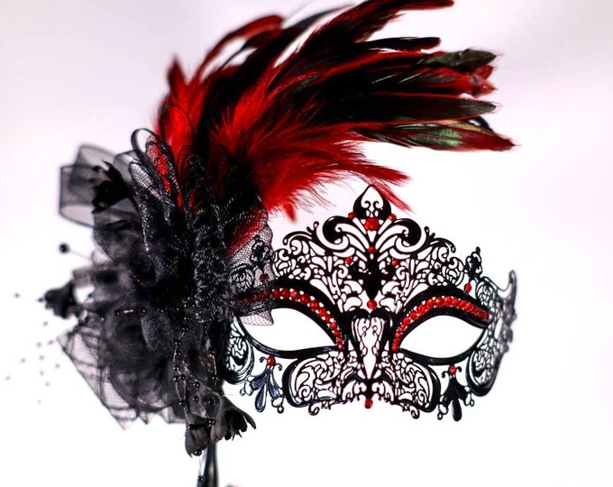 Masquerade Mask Masquerade Mask With Stick and Feathers - Etsy