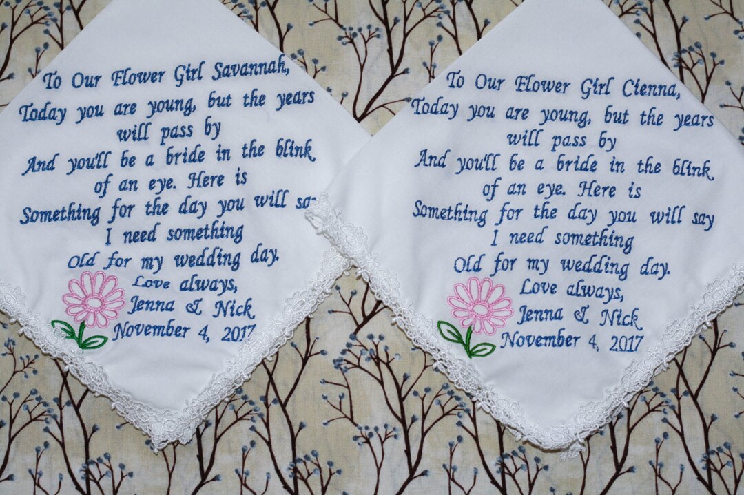 Set of 2 Flower Girl Wedding Handkerchiefs, Bride's Maid Embroidered ...