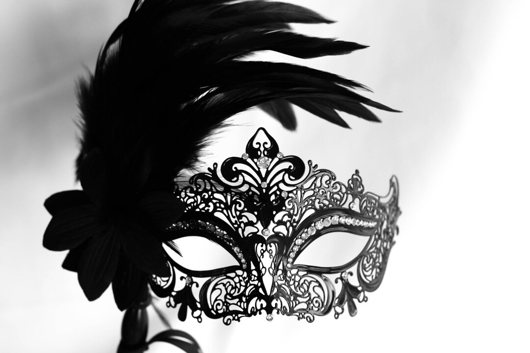 Masquerade Black Mask, Masquerade Metal Mask With Feathers and a Stick ...