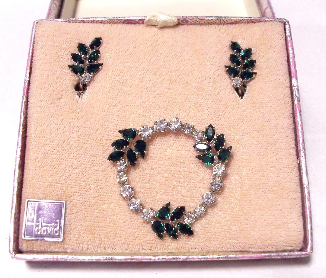 Vintage B DAVID Brooch and Earring Set ~ Emerald Green and Brilliant ...