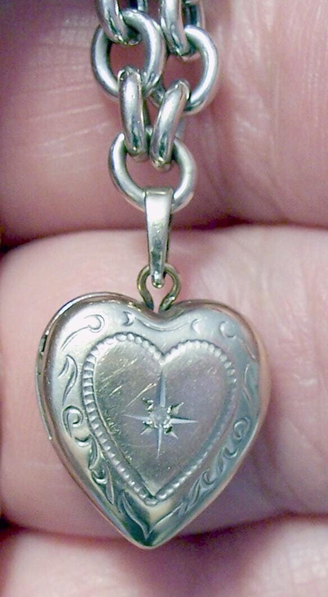 Vintage 14K Tru-kay White Gold Heart Locket Moissanite Stone Locket Marked 14K TK 14K White Gold ...
