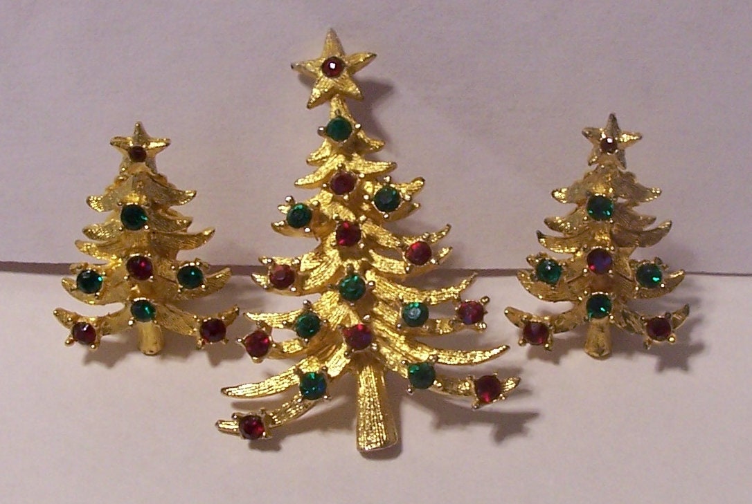 SunnyAcresDream Vintage Mylu Christmas Tree Brooch and Matching Clip Earrings Christmas Colors of Red and Green Gold Tone