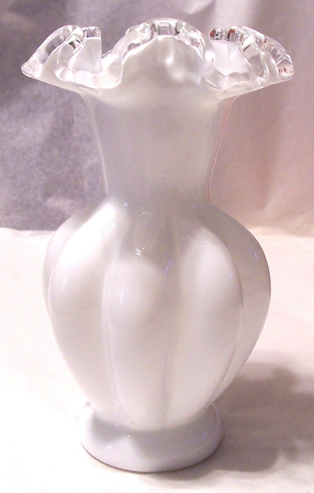 Vintage White Fenton Glass Vase Ruffled Edges Bubble Design Double ...