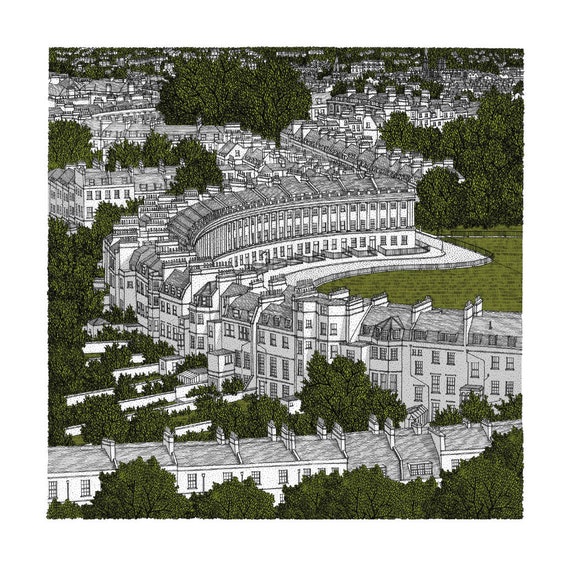 Royal Crescent Aerial View Bath Hand Drawn Print Bath | Etsy