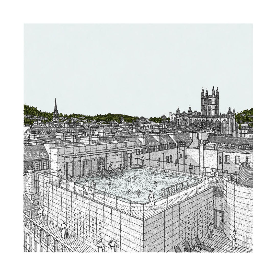 Thermae Bath Spa & Skyline Hand Drawn Print | Bath Illustration | Bath ...