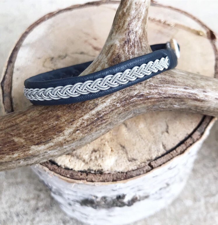 Traditional Sami reindeer leather and pewter braided bracelet