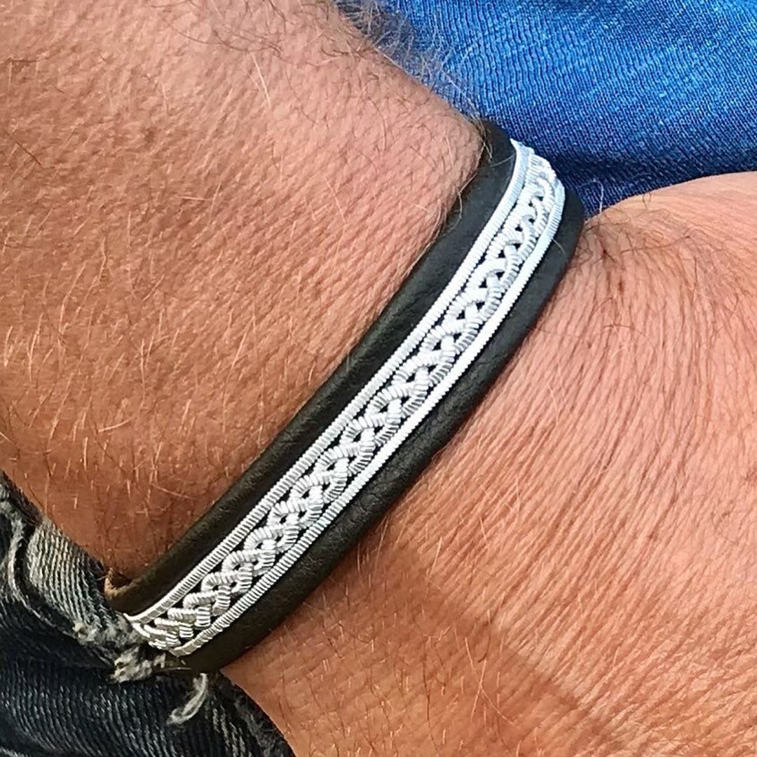 Sami Leather Bracelets With a Braid of Wider Flat Pewter Threads and ...