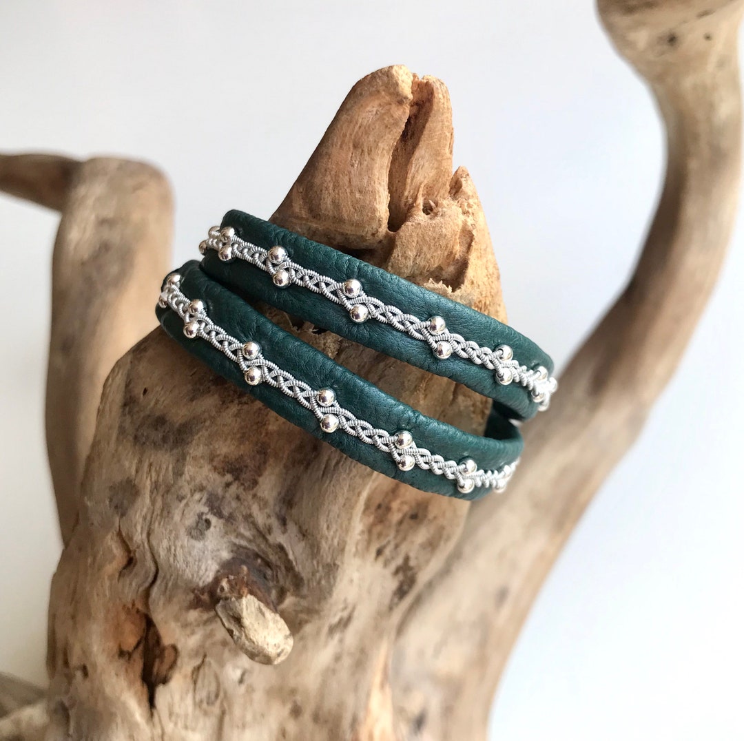 Sami Inspired Double Wrap Around Leather Bracelet With Pewter Threads ...